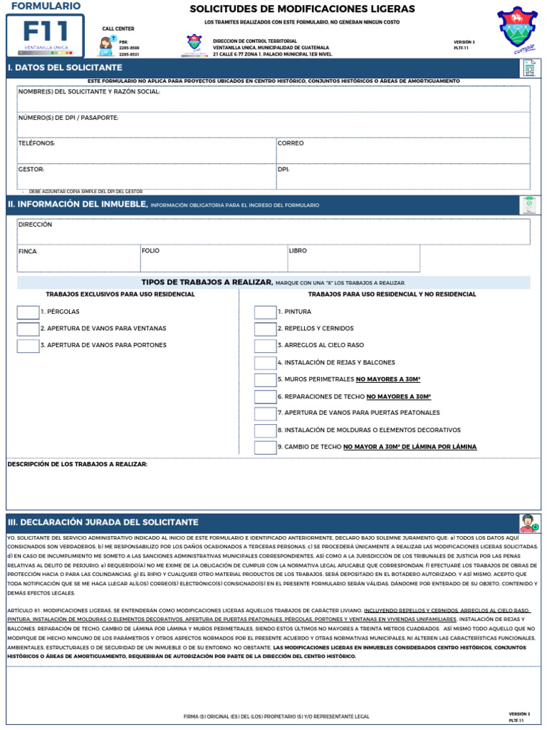 Formulario F11: Modificaciones Ligeras | PDF