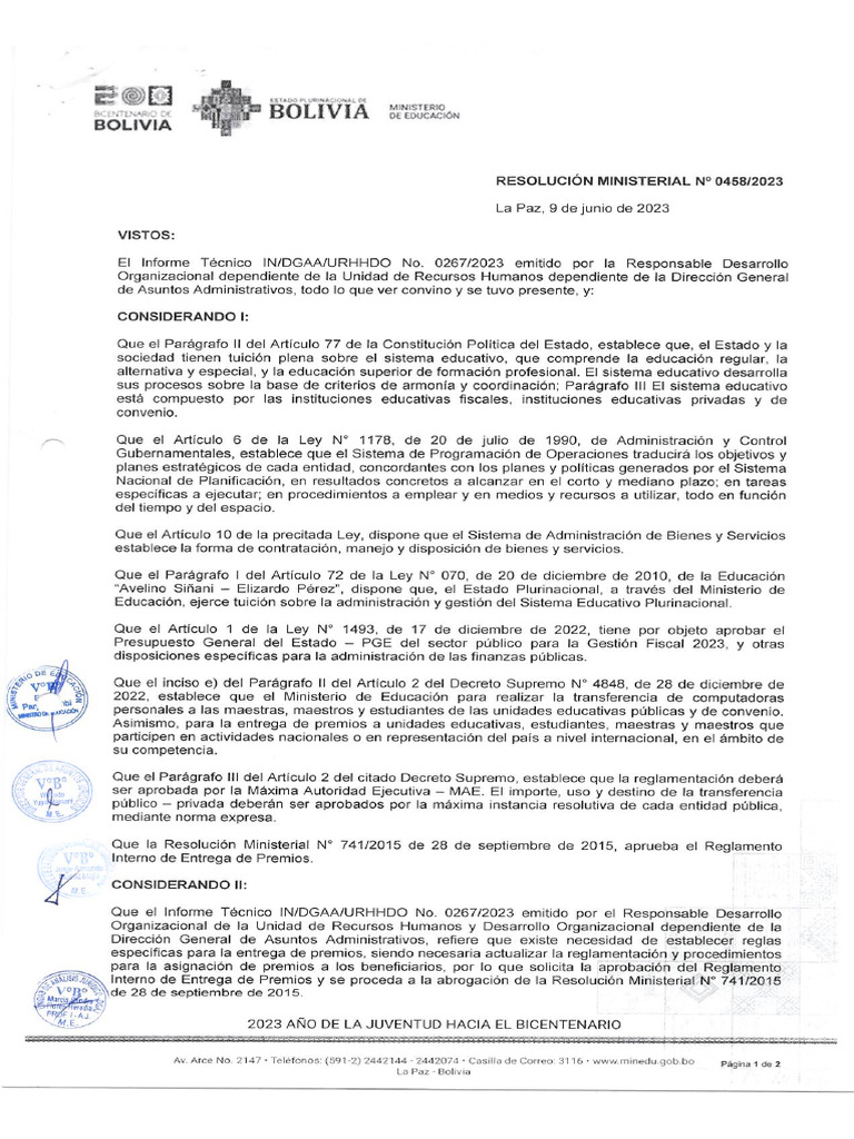 RM #0458 | PDF | Regulación | Bolivia