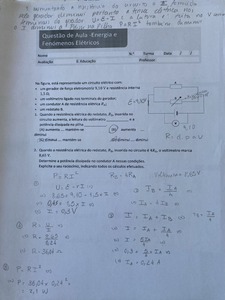 Ficha Resolvida Sobre A Eletricidade | PDF