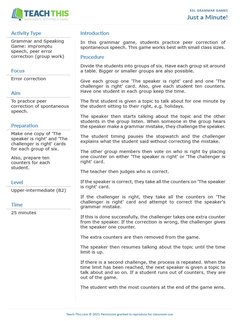 Just-A-Minute Speaking Game | PDF | Human Communication | Learning