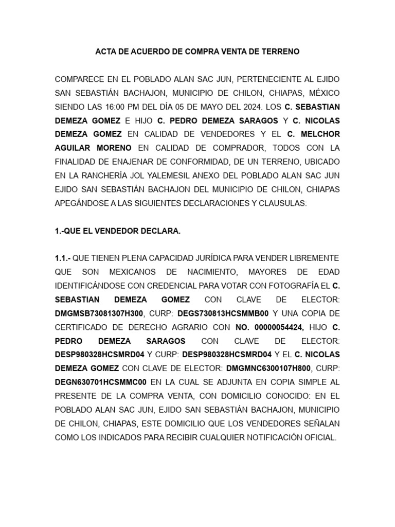 Acta de Acuerdo de Compra Venta de Terreno | PDF