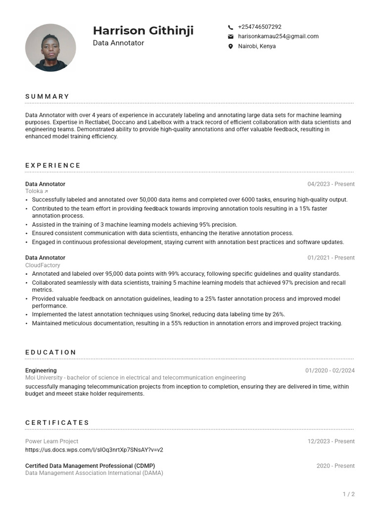 Harrison Githinji - Data Annotator - Resume | PDF | Annotation ...