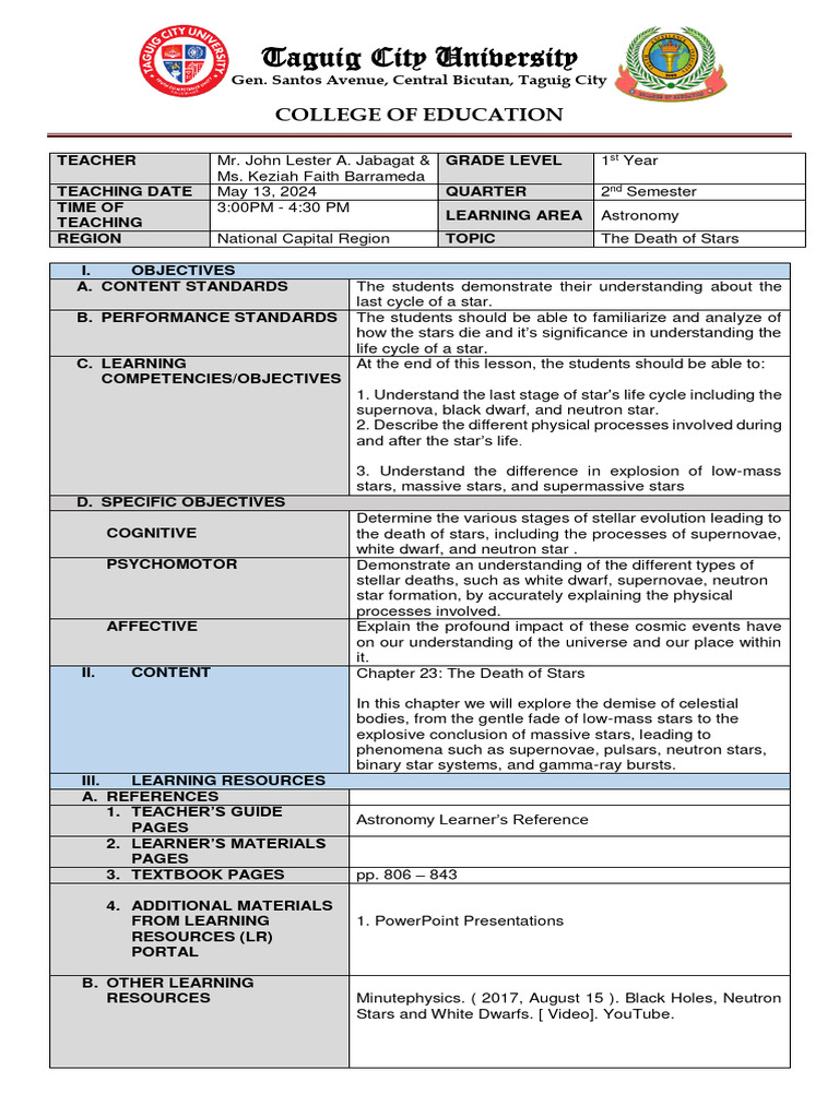 Semi-Detailed Lesson-Plan-Format | PDF | Stars | Nature