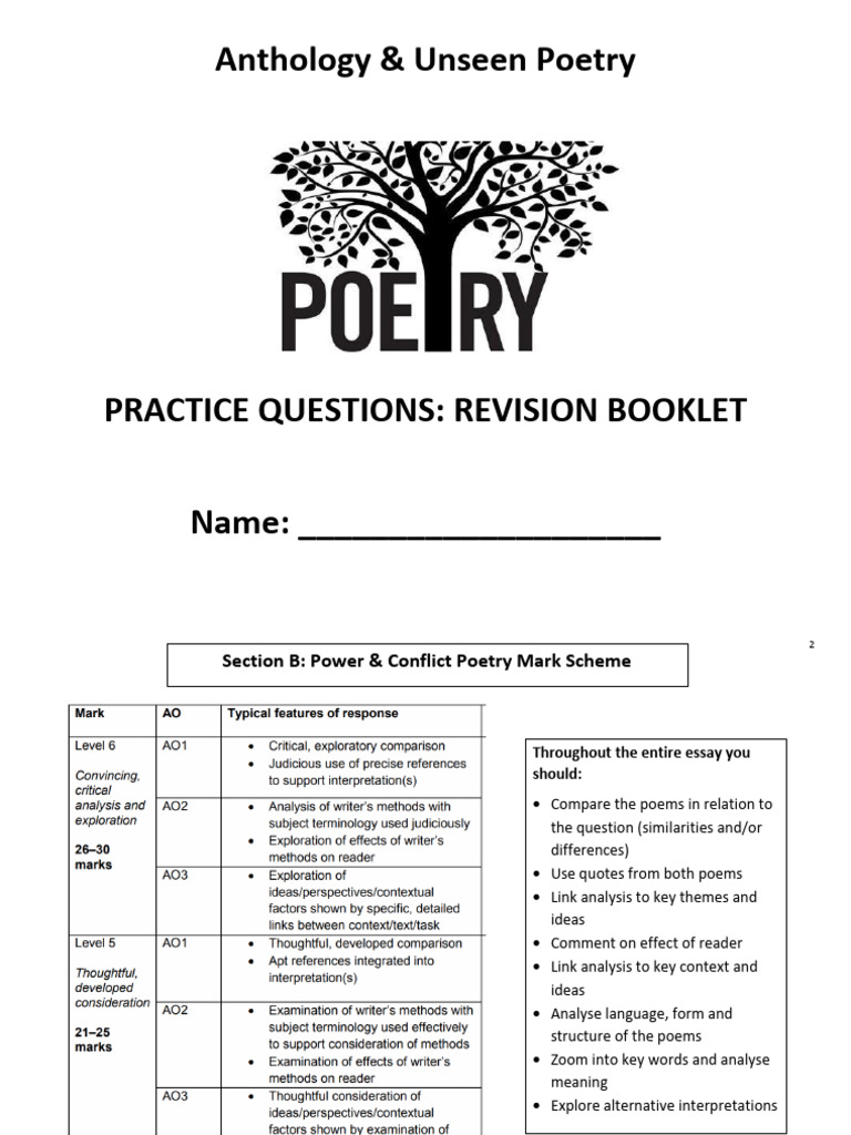 Power and Conflict and Unseen Poetry Remote Learning Booklet PDF | PDF ...