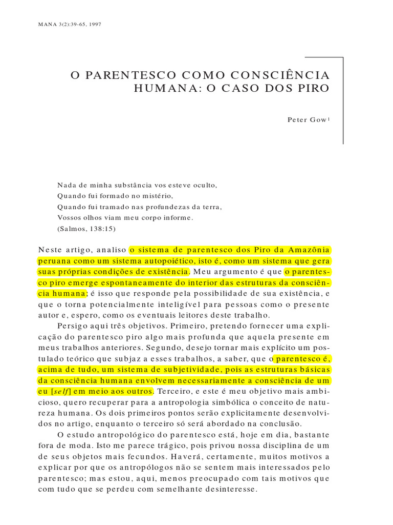 Peter Gow - O Parentesco Como Consciência Humana (Grifado) | PDF ...