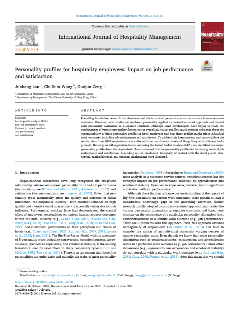 Personality Profiles For Hospitality Employees Impact On Job ...