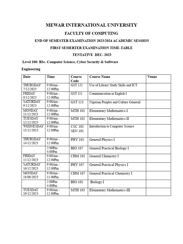 Foc_First_Sem_Dec_2023_Tentative_time_Table | PDF | Computer Programming | Engineering