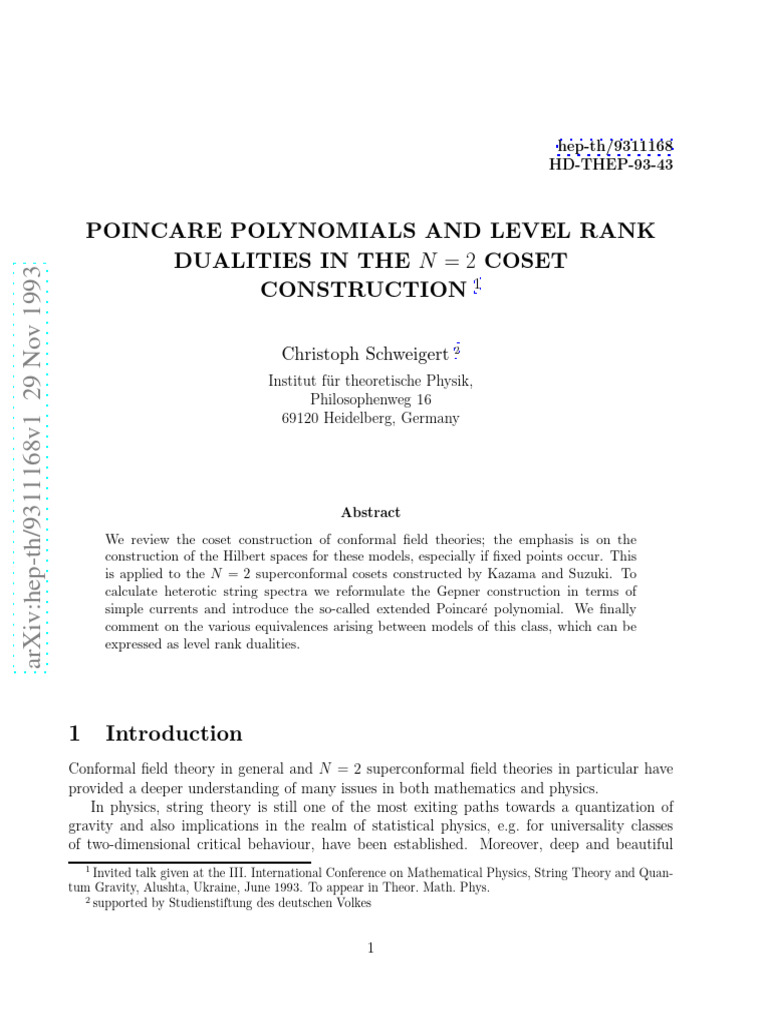 Poincare Polynomials and Level Rank Dualities in The N 2 Coset ...