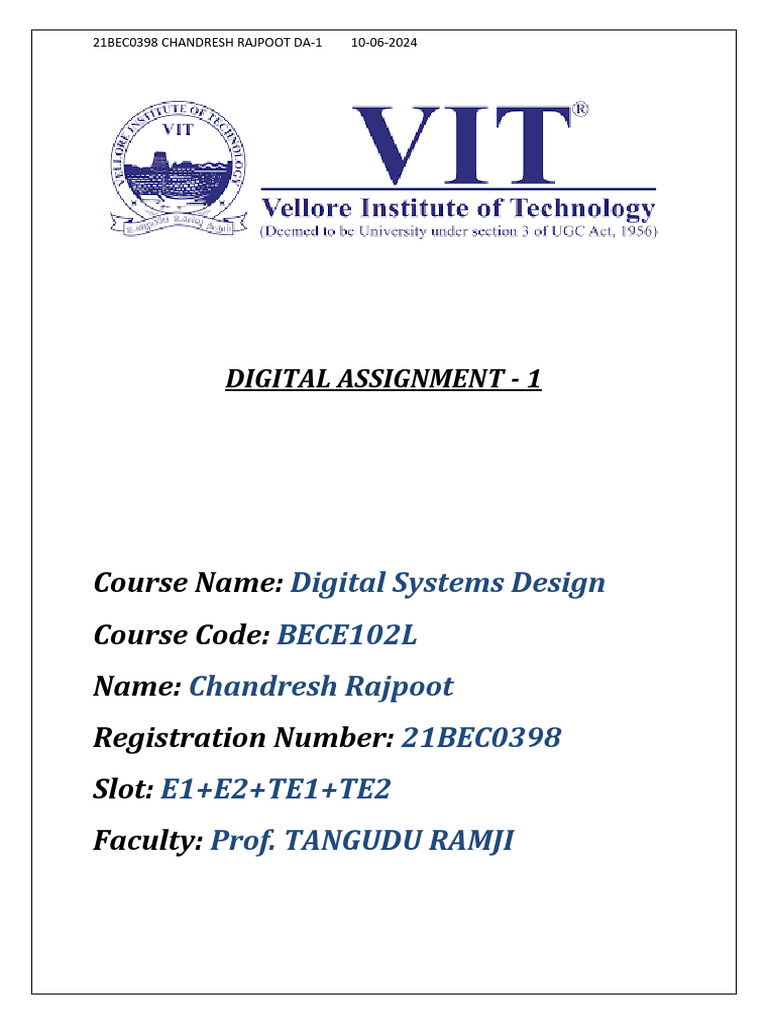 Digital - Assignment-1 21bec0398 | PDF | Vhdl | Boolean Algebra