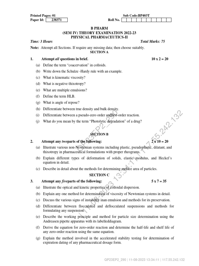 Bpharm 4 Sem Physical Pharmaceutics 2 bp403t 2023 | PDF | Suspension ...