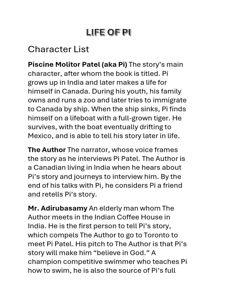 LIfe of Pi - Characters and Summary Chapters 1-42 | PDF | Social ...