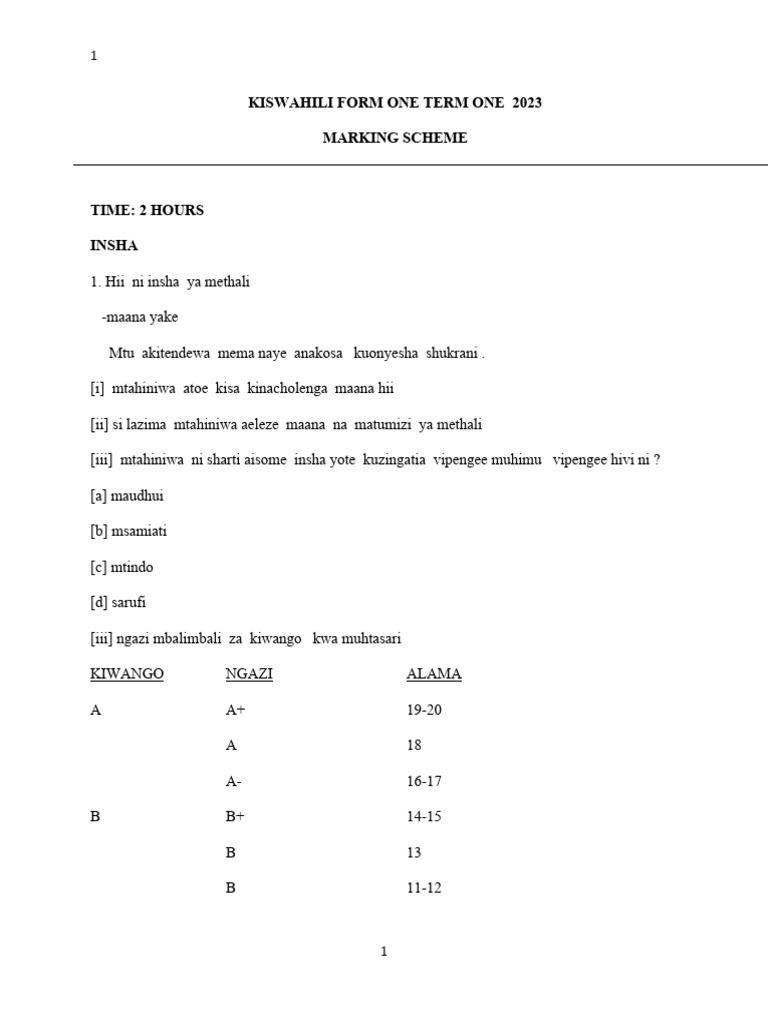 Kiswahili Form One Term 1 Ms | PDF
