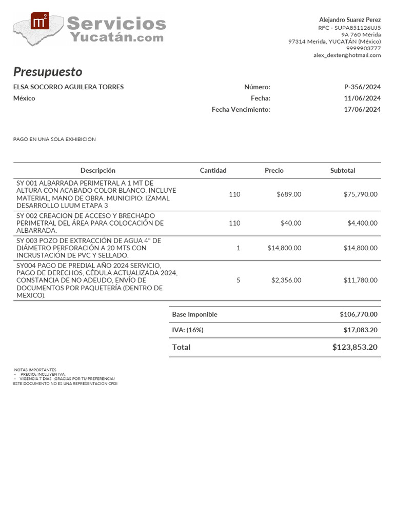 Presupuesto: Elsa Socorro Aguilera Torres México Número: Fecha: Fecha ...