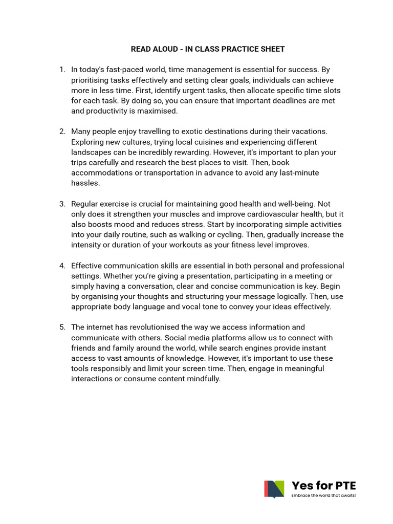 Read Aloud - in Class Practice Sheet | PDF | Career & Growth