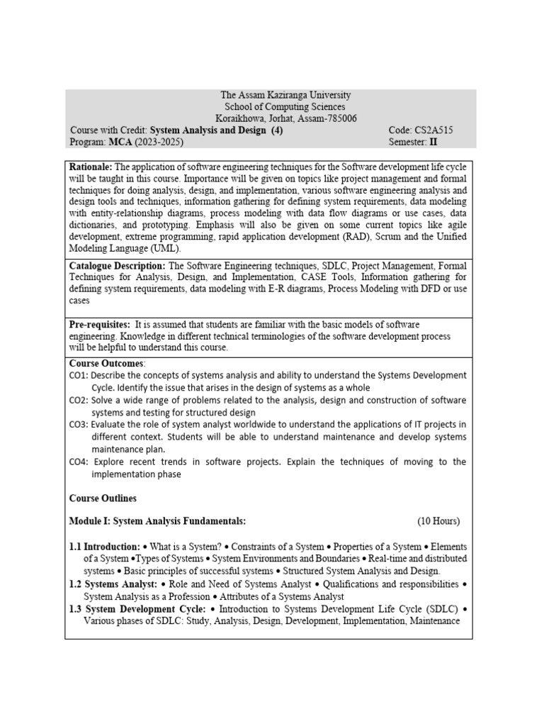 MCA System Analysis Course | PDF | Software Development Process | System