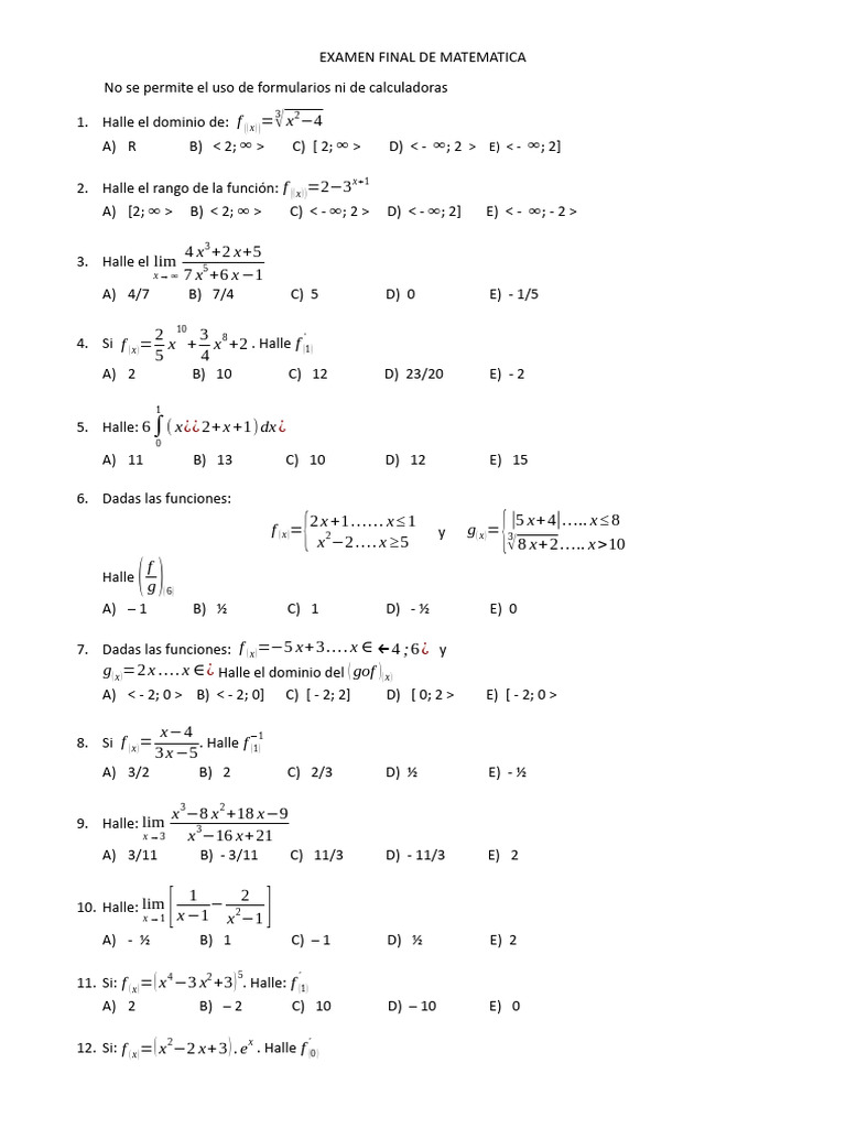 EXAMEN FINAL DE MATEMATICA - Simulacro 2024 | PDF | Análisis matemático