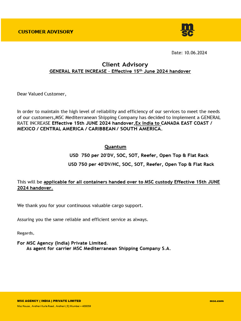Client Advisory - GENERAL RATE INCREASE - EX INDIA To Canada East Coast ...