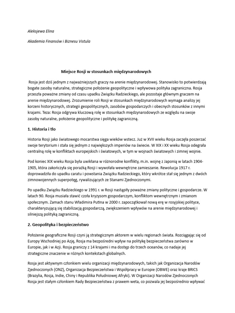 Miejsce Rosji W Stosunkach Międzynarodowych | PDF