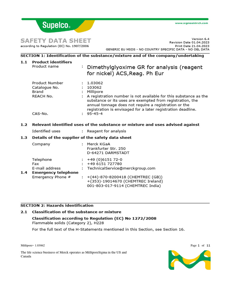 Msds-Dimethylglyoxim - Cas 95-45-4 | PDF | Safety | Occupational Safety ...