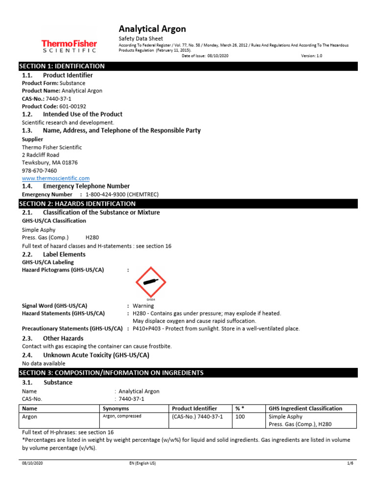 Msds-Analytical Argon - Cas 7440-37-1 | PDF | Personal Protective Equipment | Firefighting