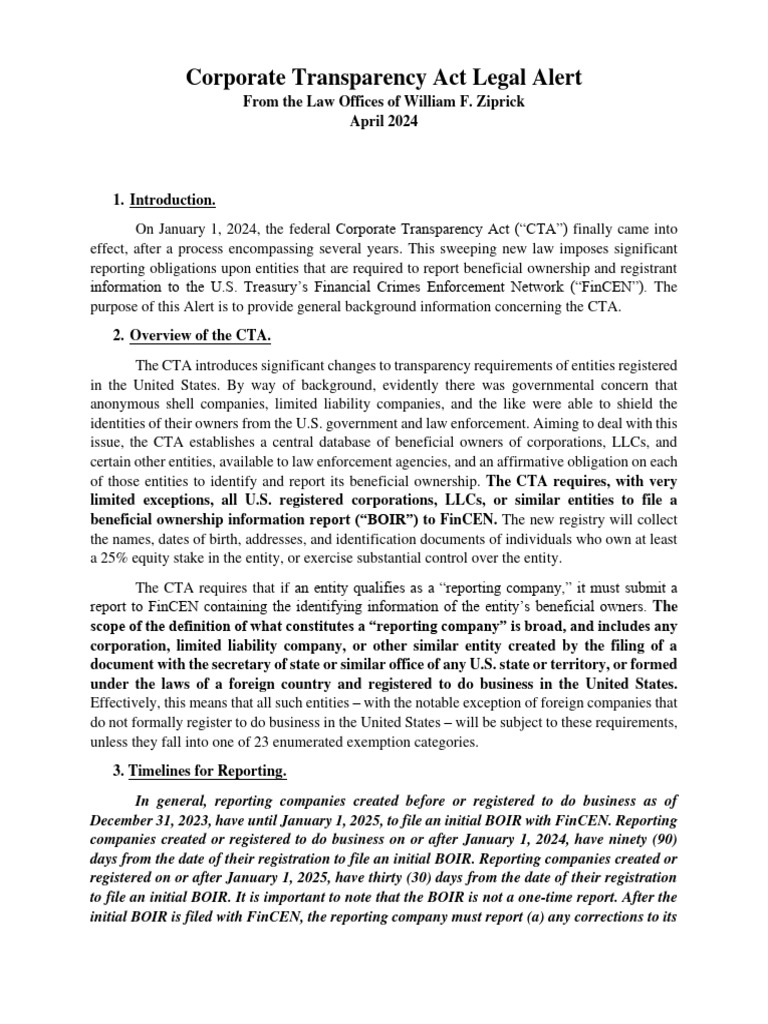 Corporate Transparency Act Overview 2024 | PDF | Ownership | Common Law