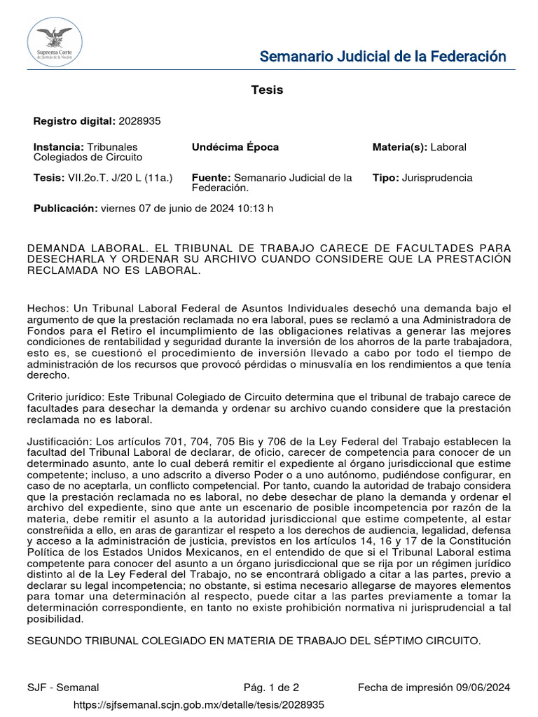 J Lab Demanda Laboral. El Tribunal de Trabajo Carece de Facultades para Desecharla | PDF ...
