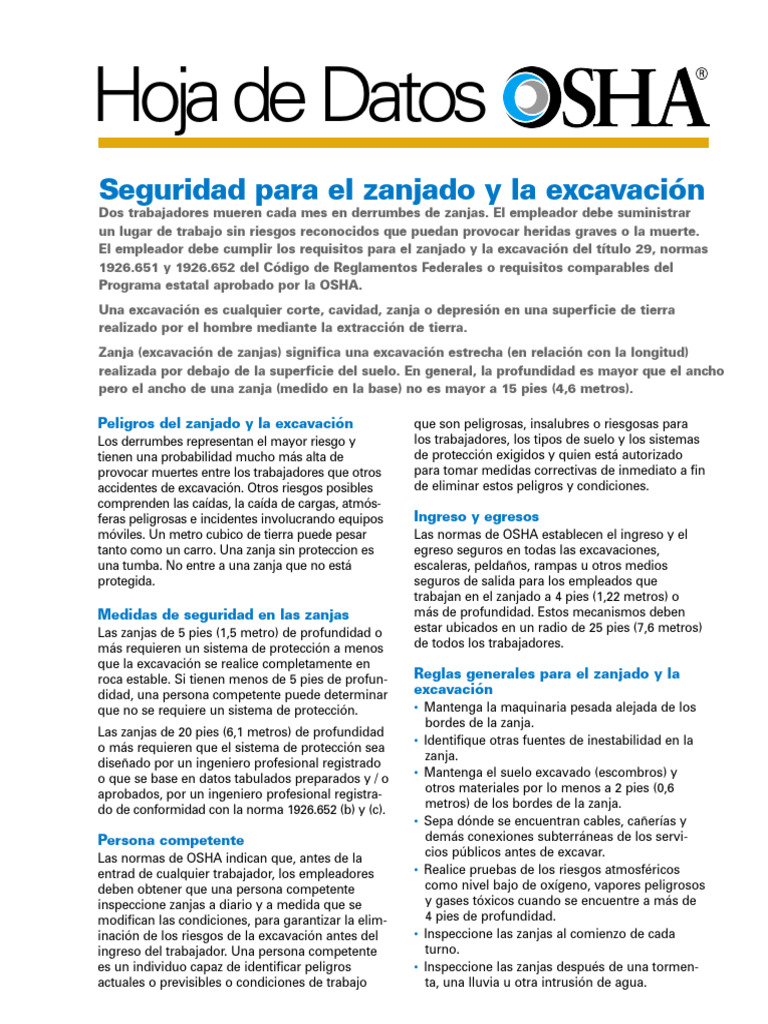 Osha Seguridad en Excavaciones y Zanjas | PDF | Administración de ...