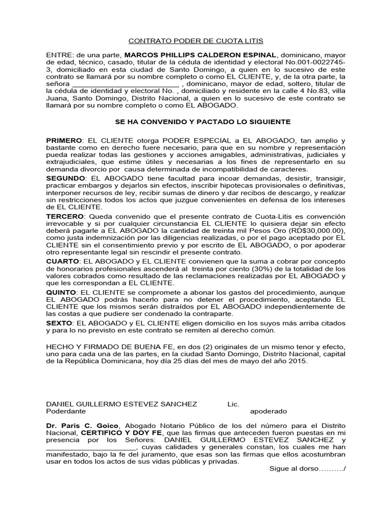 CONTRATO PODER DE CUOTA LITIS | PDF | Abogado | Justicia