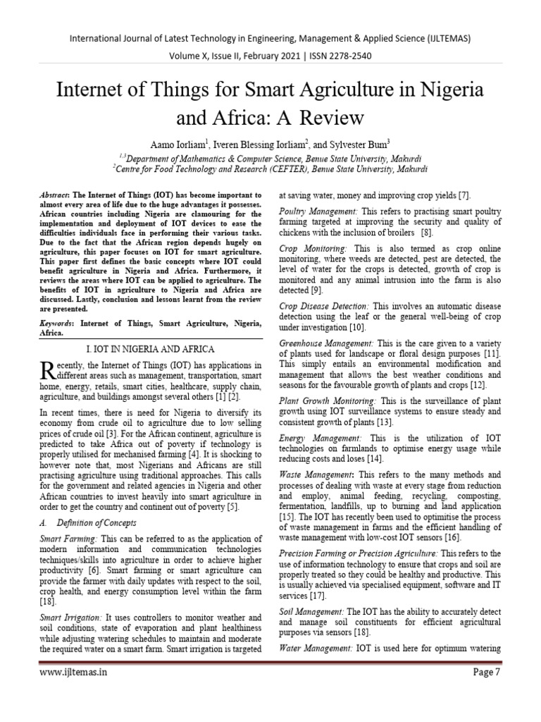 IOT Smart Agriculture Review A Iorliam IB Iorliam S Bum | PDF ...