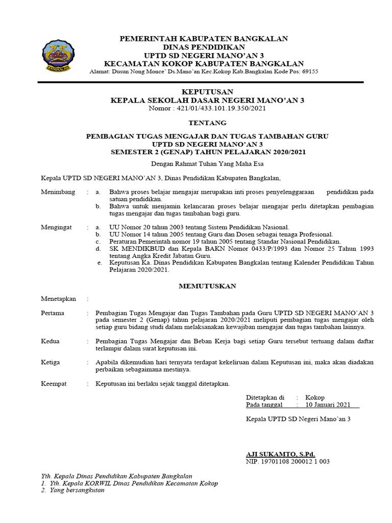 SK Pembagian Tugas Guru 2020 Genap | PDF