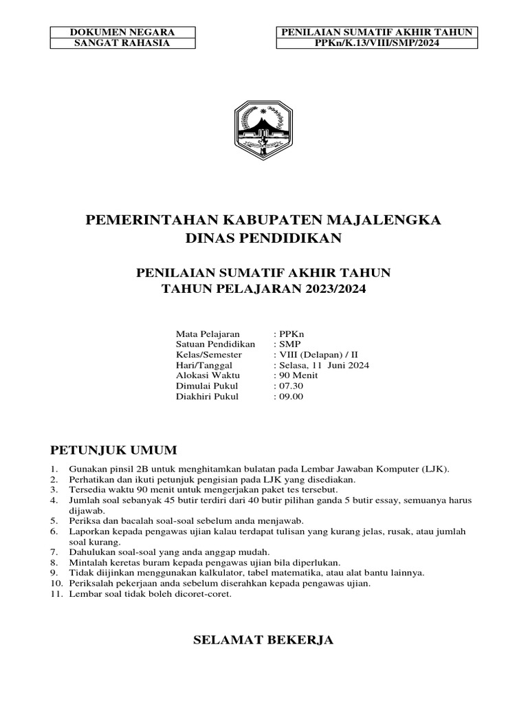 Soal Psat PPKN Kelas 8 2024 | PDF