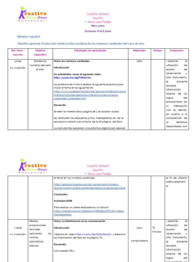 Plan Cuarto Grado Español Junio | PDF | Evaluación