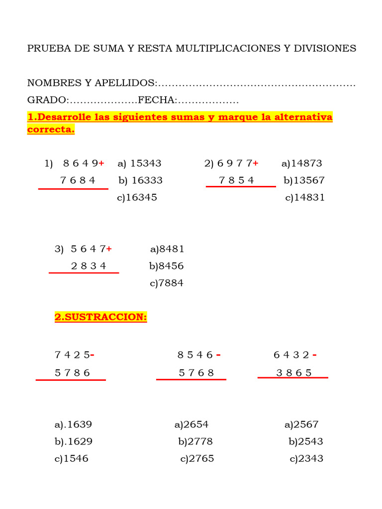 Ejercicios de Suma, Resta, Multiplicación y División | PDF | Métodos y ...