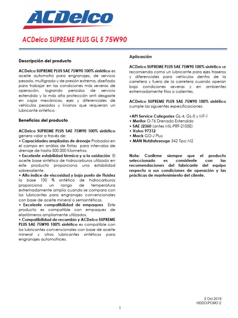ACDelco 75W90: Aceite Sintético Avanzado | PDF | Lubricante