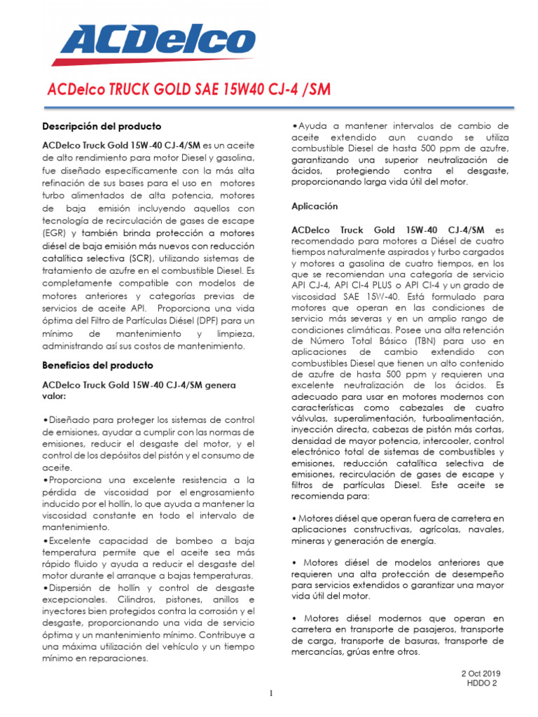 PDS Acdelco Truck Gold Sae 15W40 Api CJ-4-SM | PDF | Motor diesel | Inyección de combustible