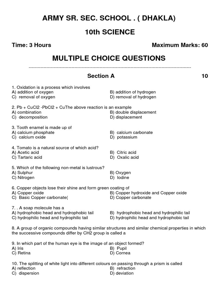 Army Sr. Sec. School - (Dhakla) 10th SCIENCE: Time: 3 Hours Maximum Marks: 60 | PDF | Acid | Oxide
