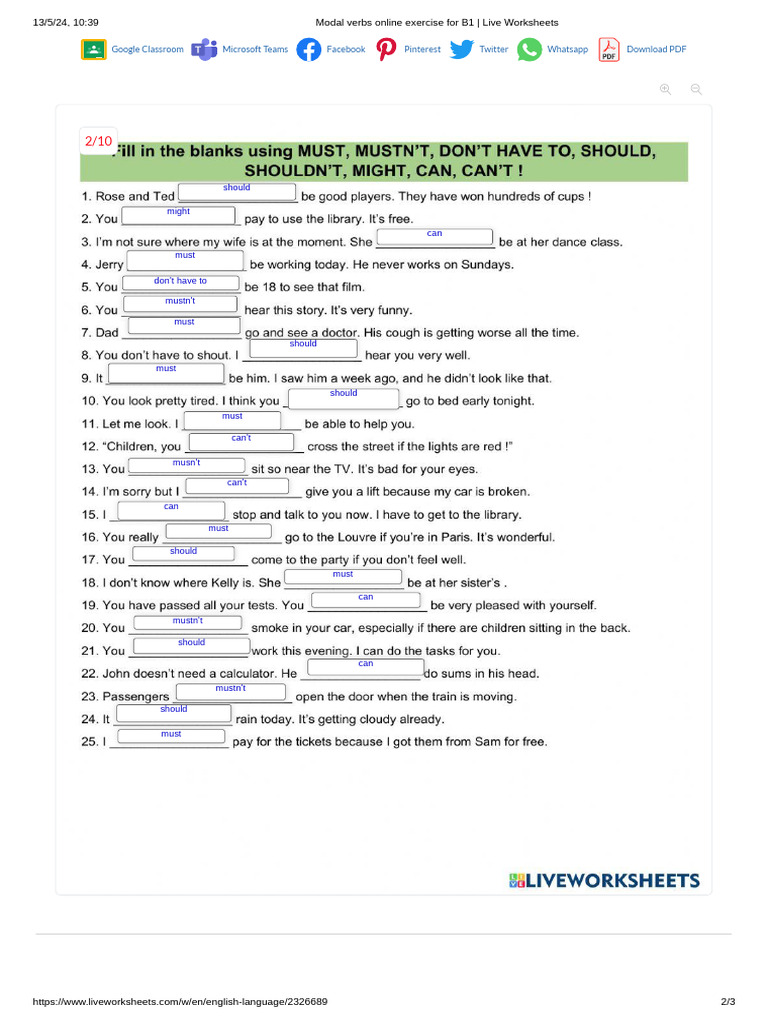 Modal Verbs Online Exercise For B1 - Live Worksheets | PDF