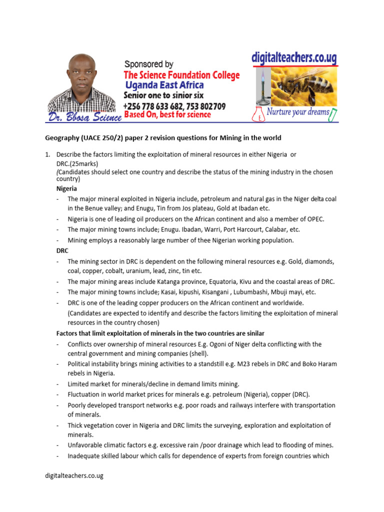 Geography UACE Paper Revision Questions For Mining in The World | PDF ...