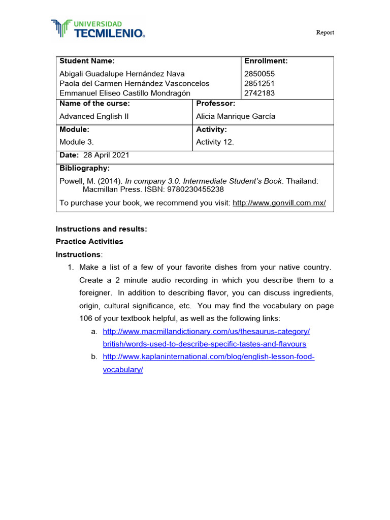 ACTIVITY 12 Advanced English II | PDF | Taco | Foods