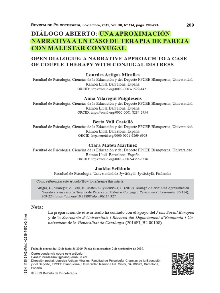 Aproximacion Narrativa A Un Caso de Terapia de Pareja Con Malestar Conyugal (Artigas) | PDF ...