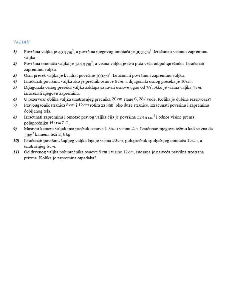 VALJAK-Zadaci Za Vjezbu | PDF