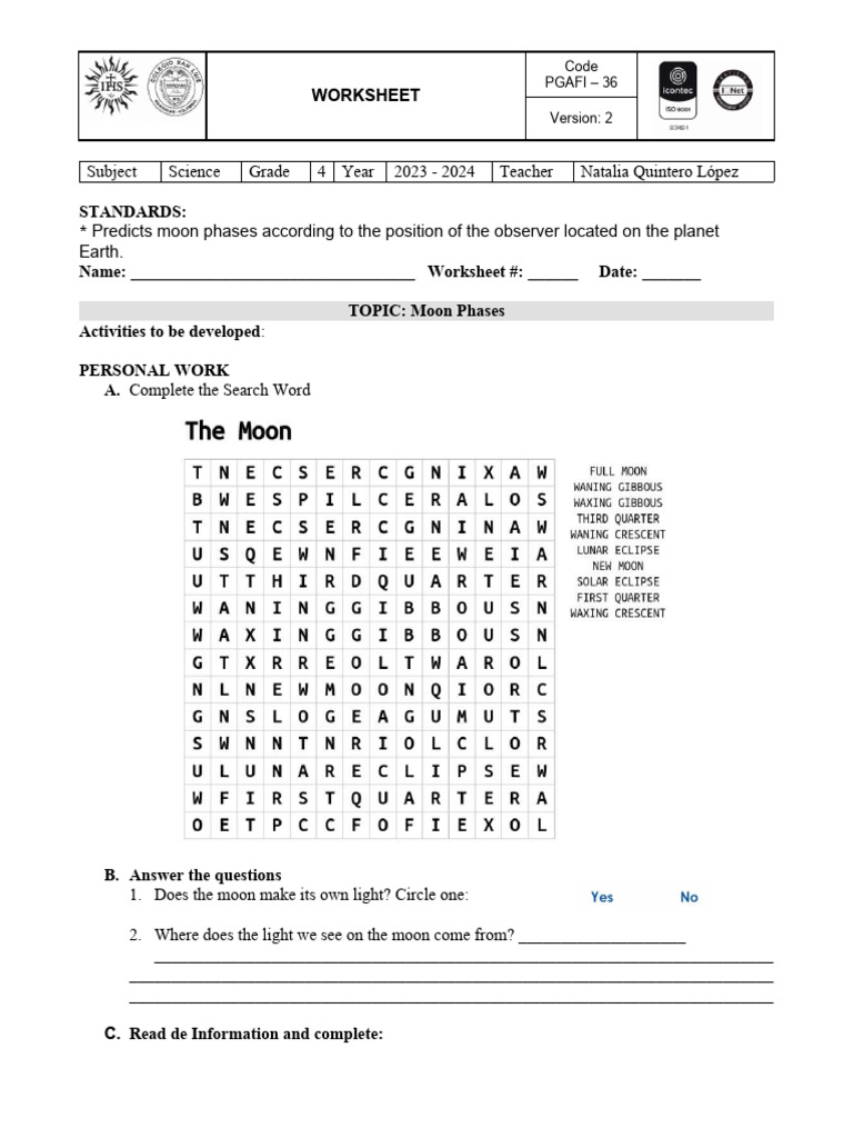Moon Phases Worksheet for Grade 4 | PDF | Eclipse | Moon