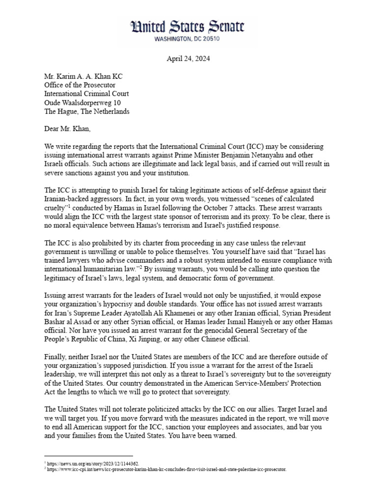 Gop Senators Letter To Icc On Possible Israeli Arrest Warrants | PDF ...
