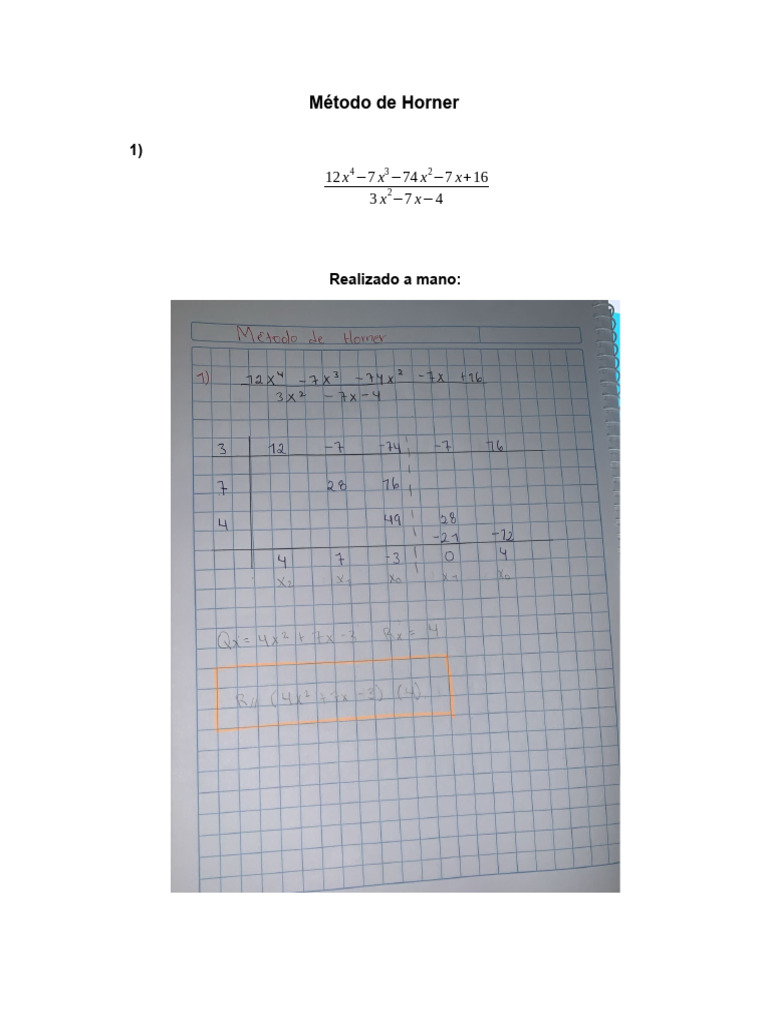 Ejercicios Del Metodo de Horner | PDF