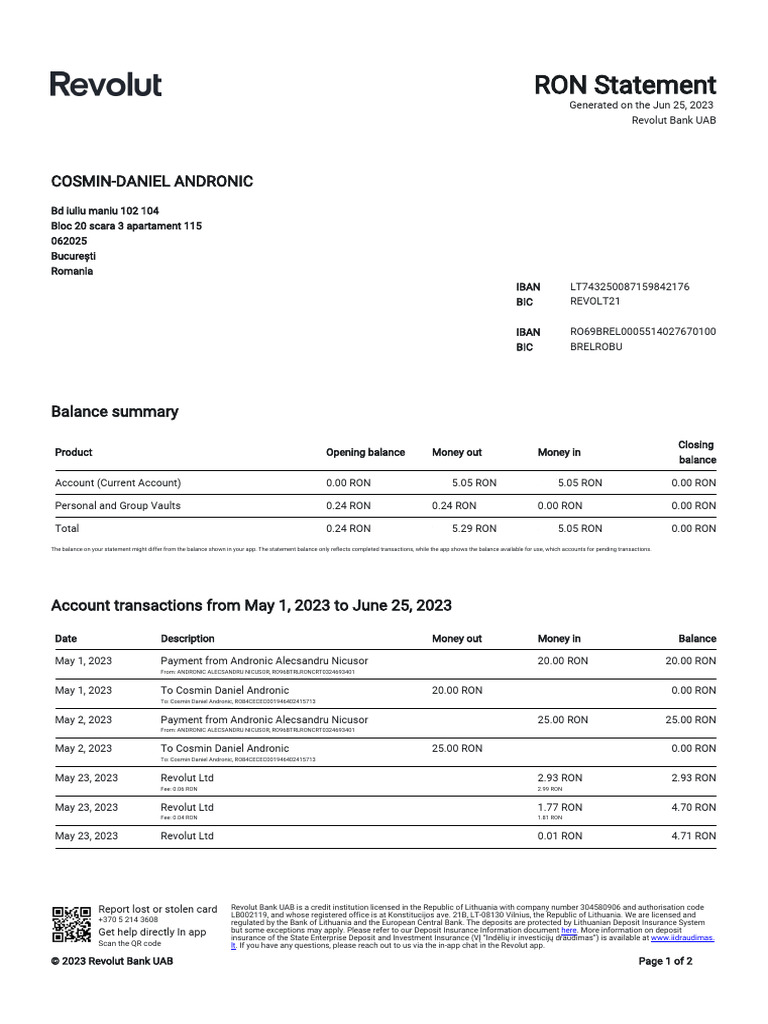 Revolut RON Account Statement Summary | PDF | Banks | Private Sector