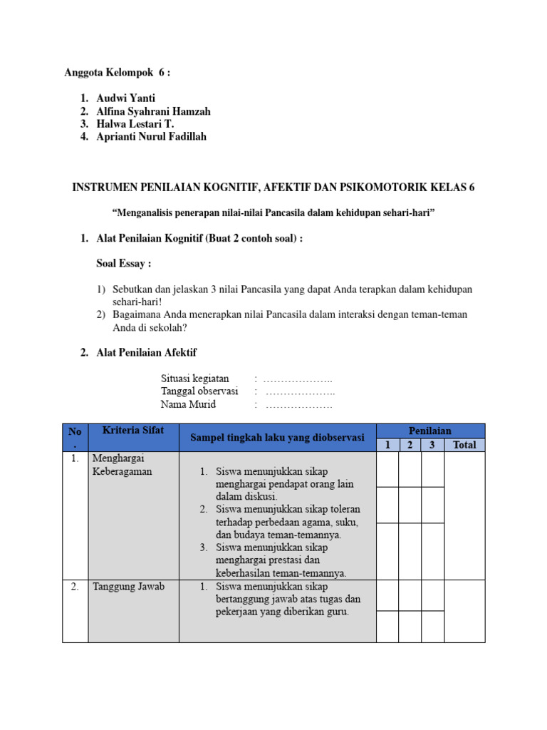 Alat Penilaian Kelas 6 Kognitif Afektif Psikomotorik Pdf