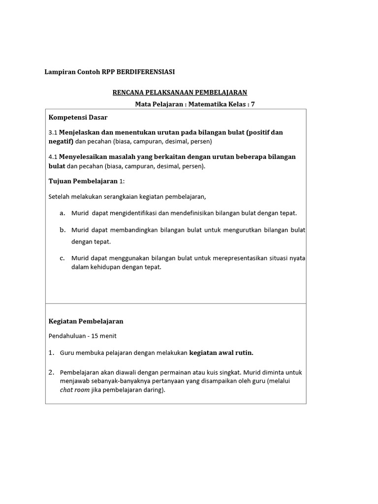 Contoh RPP Berdiferensiasi | PDF | Karier & Perkembangan | Seni ...