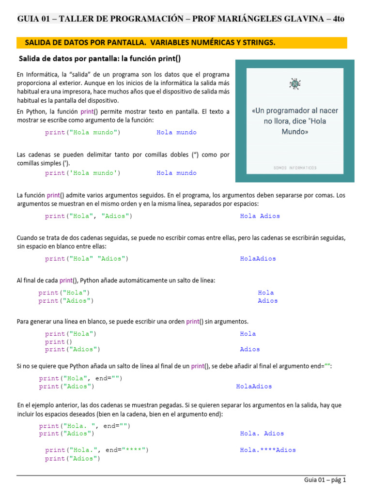 01 Python - Salida de Datos Por Pantalla | PDF | Variable (informática) | Python (lenguaje de ...