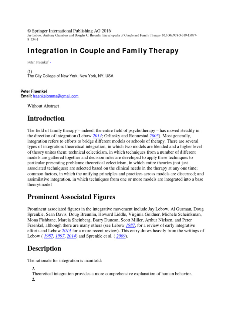 Integration in Couple and Family Therapy Encyclopedia of Couple and ...