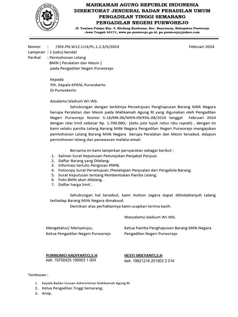 Surat Permohonan Lelang - Setelah - DPT - Persetujuan - KPKNL | PDF